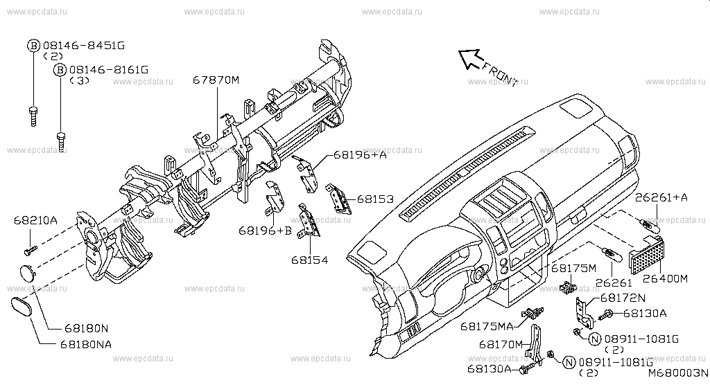 Instrument panel, pad & cluster lid (trim) for Nissan Navara D40, 2 ...