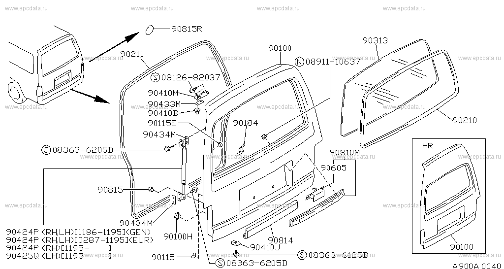 90424P: STAY ASSY-BACK DOOR 900 - BACK DOOR PANEL & FITTING for Urvan ...