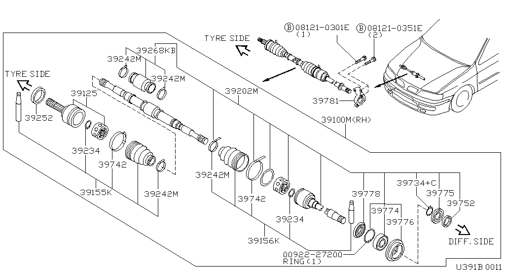 Front drive shaft (ff) for Nissan Primera P11E, 04.1997 - 10.1997 SLX ...